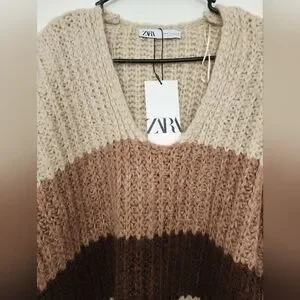 Zara | Sweaters | Nwt Zara Stripped Wool Blend Oversized Brown Sweater ...